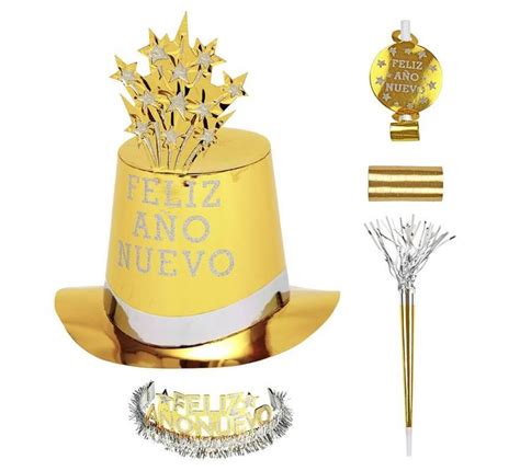 Kit Cotillón Feliz Año Nuevo Dorado para 10 personas Feliz año nuevo