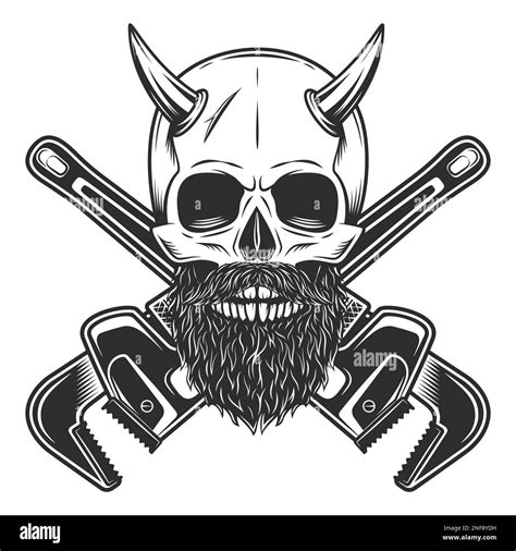 Vintage Skull With Horn And Mustache With Beard And Construction Wrench