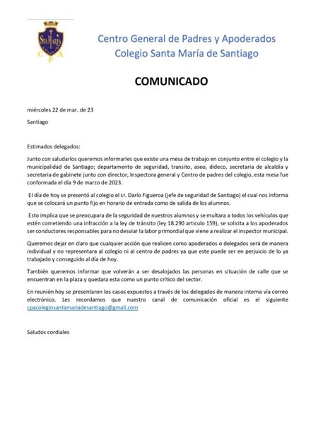 Comunicado del Centro de Padres Colegio Santa María de Santiago