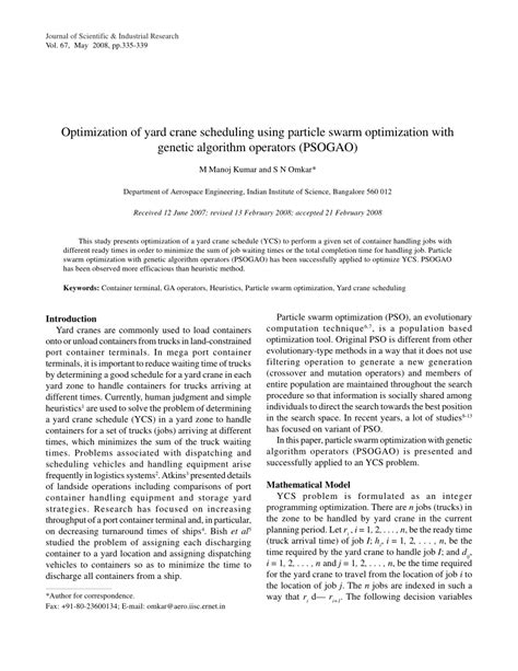 pdf optimization of yard crane scheduling using particle swarm optimization with genetic