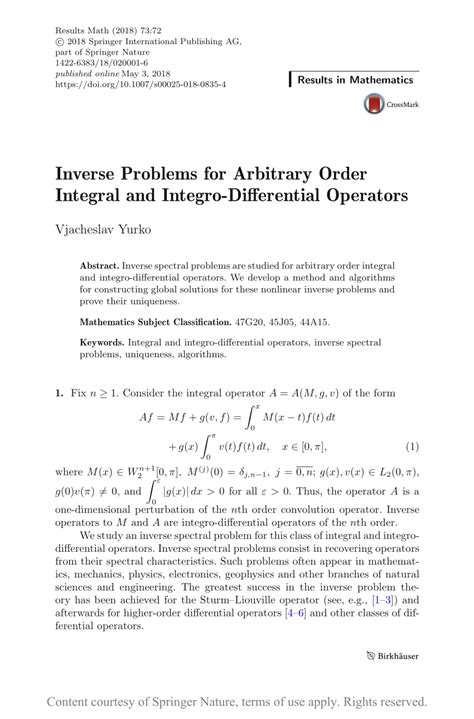 inverse problems for arbitrary order integral and integro differential operators request pdf