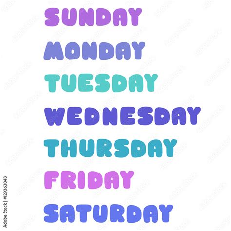Days Of The Week Sunday Monday Tuesday Wednesday Thursday Friday