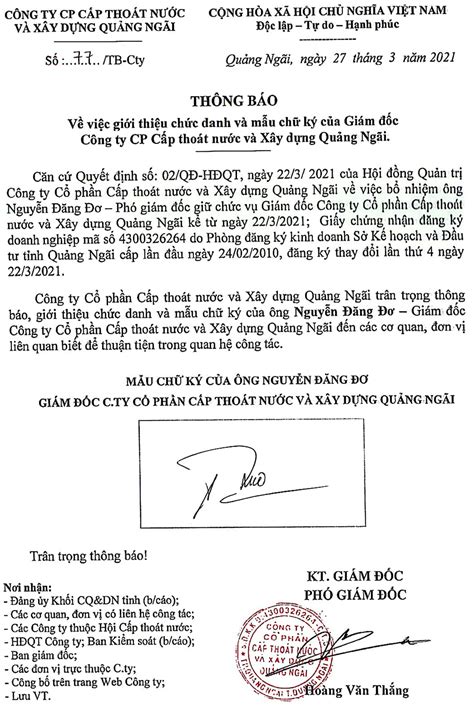 Giới thiệu chức danh và mẫu chữ ký của Giám đốc Cty CP CTN XD Quảng Ngãi