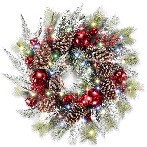 DDHS Christmas Wreaths For Front Door 24 Inch Pre Lit Winter Wreath