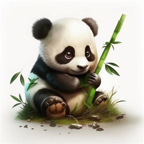 Un oso panda está sentado en el suelo y sostiene una planta de bambú