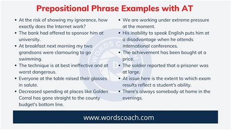 Prepositional Phrase List With AT Word Coach