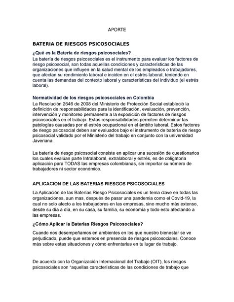 Bateria De Riesgo Psicosocial APORTE BATERIA DE RIESGOS PSICOSOCIALES