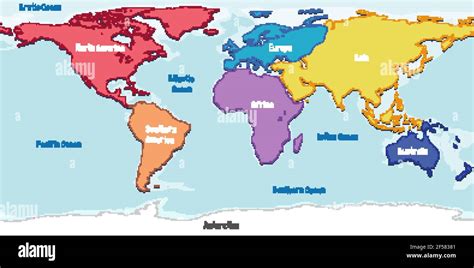 Mapa del mundo con nombres de continentes e ilustración de océanos