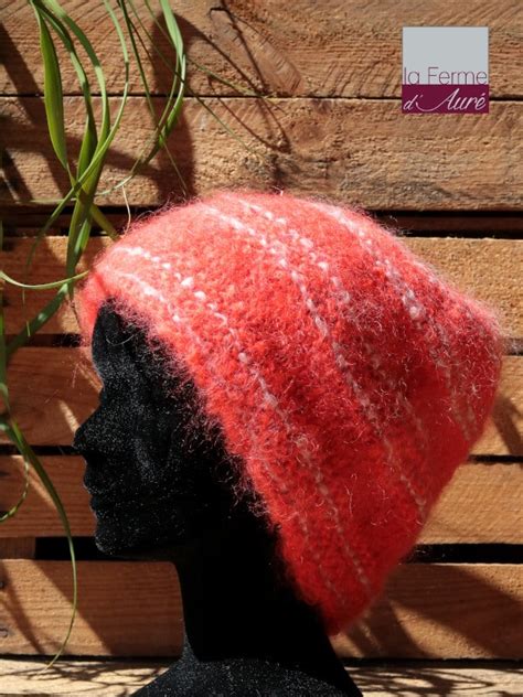 Bonnet Laine Mohair Noir rayé à liserés Tricot main Mohair France