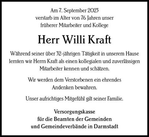 Traueranzeigen Von Willi Kraft Vrm Trauer De