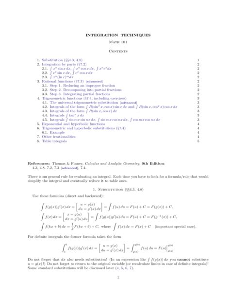 integration techniques math 101 contents 1 substitution