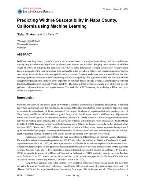 pdf predicting wildfire susceptibility in napa county california using machine learning