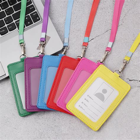 PU Leather Card Holder With Rope Lanyard Work Cards Sleeve ID Badge