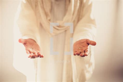 The Resurrected Christ Jesus Extending His Hands As An Invitation To