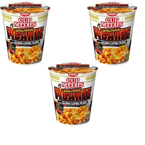 Kit 03 Cup Noodles Macarrão Nissin instantâneo Galinha Caipira Picante