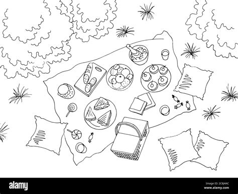Vue Pique Nique Du Haut Graphique Noir Blanc Paysage Dessin Vecteur D