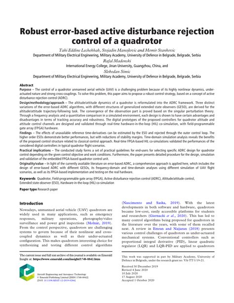 pdf robust error based active disturbance rejection control of a quadrotor
