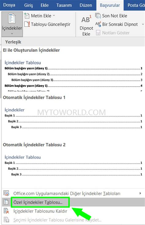 Microsoft Word de İçindekiler Tablosu Oluşturma My To World