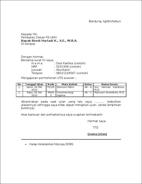 Contoh Surat Permohonan Izin Ujian Susulan Surat Permohonan Desain