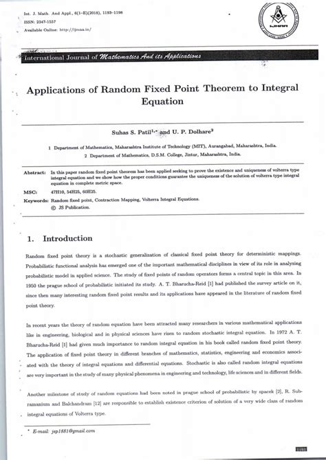 pdf application of random fixed point theorem to integral equation