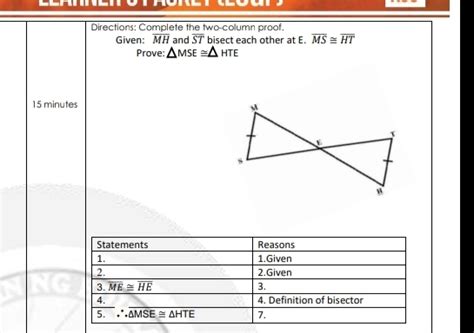 solved directions complete the two column proof given overline mh and overline st bisect