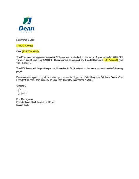 Signing Bonus Letter Format