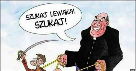 Ksiądz z prawakami narodowcami na smyczy szukaj lewaka rysunek memy