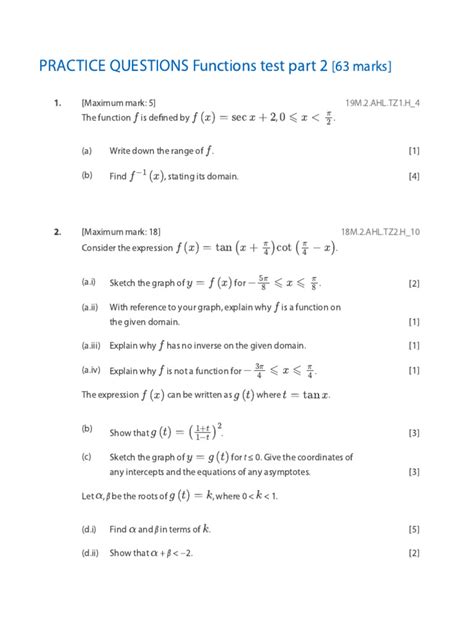 practice questions functions test part 2 pdf asymptote cartesian coordinate system