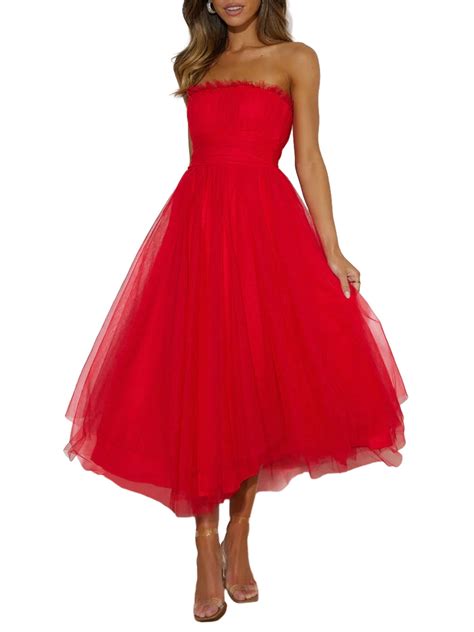 TFFR Tulle Prom Dresses For Women Long Strapless Ball Gown Puffy