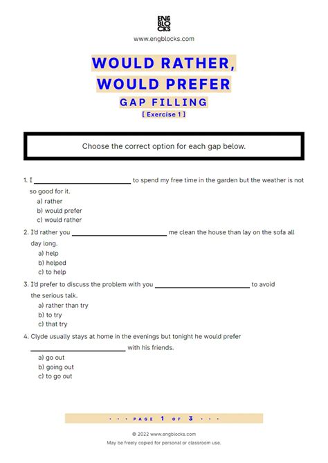 Would Rather Exercise Esl Worksheets