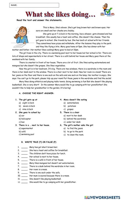 Reading Comprehension What She Likes Doing Worksheet