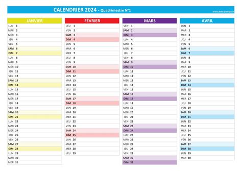 Calendrier quadrimestriel 2024 à consulter télécharger en pdf et imprimer