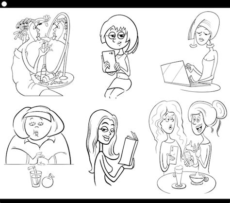 Ilustração de desenho animado preto e branco do conjunto de personagens