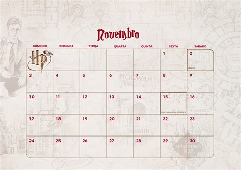 Calendário Mensal Harry Potter Novembro Fazendo a Nossa Festa