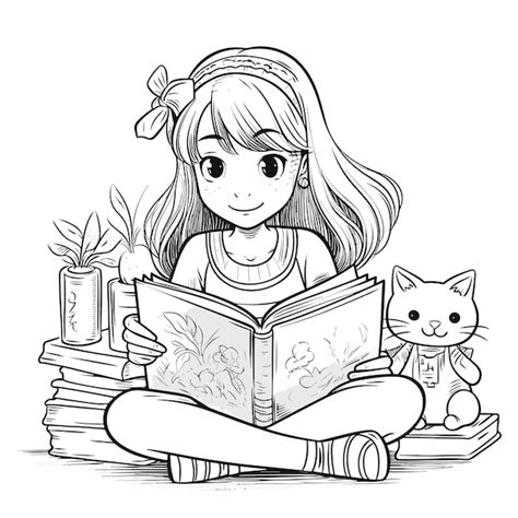 Illustartion Livre De Coloriage Page Femmes Lire Livre Vecteur Premium