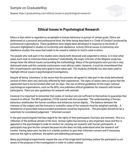 Ethical Issues In Psychological Research Essay Example GraduateWay