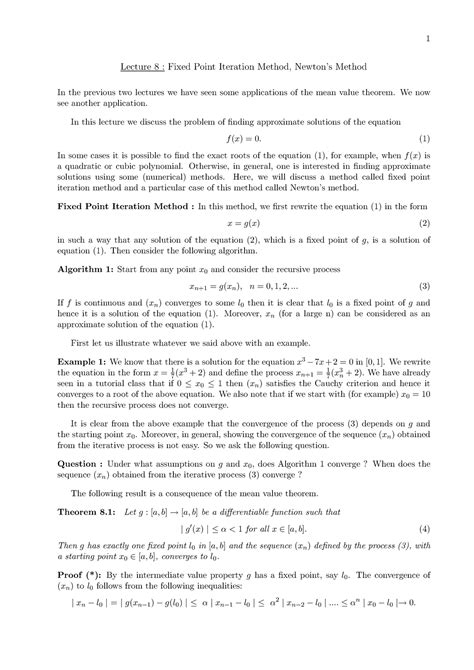 lecture 8 1 lecture 8 fixed point iteration method newton s method in the previous two