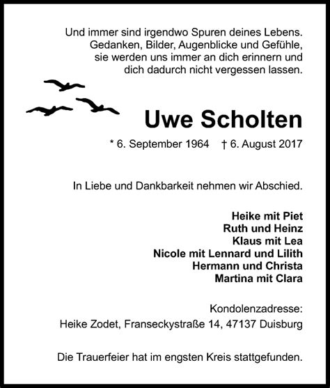 Traueranzeigen Von Uwe Scholten Trauer In NRW De