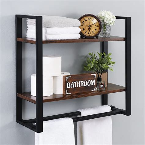 KES Bathroom Shelf With Bar Wall Mounted 2 Tier Industrial Wooded