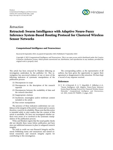 pdf retracted swarm intelligence with adaptive neuro fuzzy inference system based routing