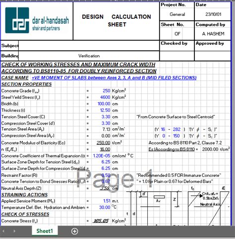 CHECK OF WORKING STRESSES AND MAXIMUM CRACK WIDTH ACCORDING TO BS8110