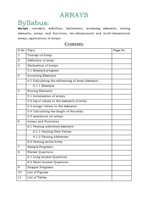 arrays syllabus arrays concepts definition declaration accessing elements storing
