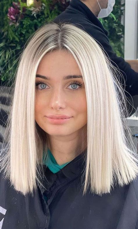 Stylish Medium Length Haircuts To Try Pearl Platinum Middle Part Lob
