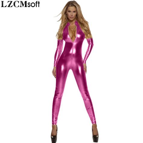 Lzcmsoft Women Full Body Unitard Black Catsuit Bodysuit Long Sleeve Lycra Gold Front Zip