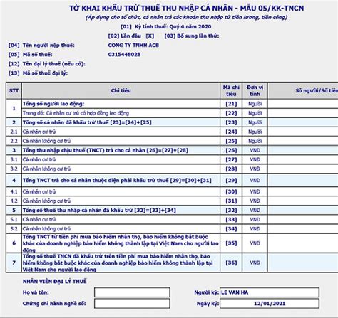 Hướng Dẫn Lập Tờ Khai Thuế TNCN Theo Quý Hoặc Tháng Mẫu Biểu 05 KK TNCN