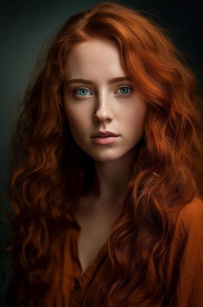 Premium AI Image A Woman With Red Hair And Blue Eyes Looks At The Camera