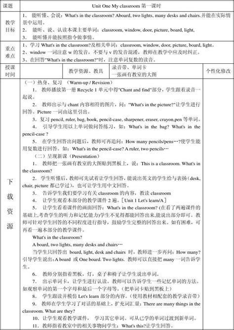 pep小学英语四年级上教学设计 附教学设计模版 word文档在线阅读与下载 免费文档