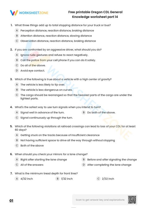 Free Printable Oregon CDL General Knowledge Worksheet Part 14