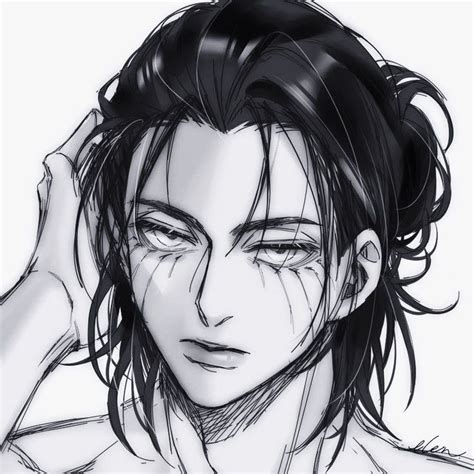 A Drawing Of A Man With His Hand On His Head And Hair Blowing In The Wind