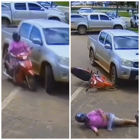 Motociclista voa após ser fechada por caminhonete vídeo FOLHAMAX